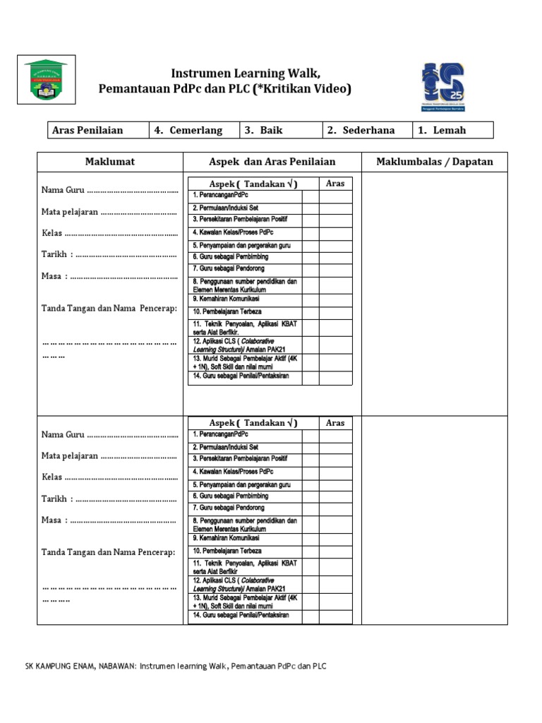 INSTRUMEN LEARNING WALK PEMANTAUAN PDPC Dan PLC VEDEO CRITIC RUSLY | PDF