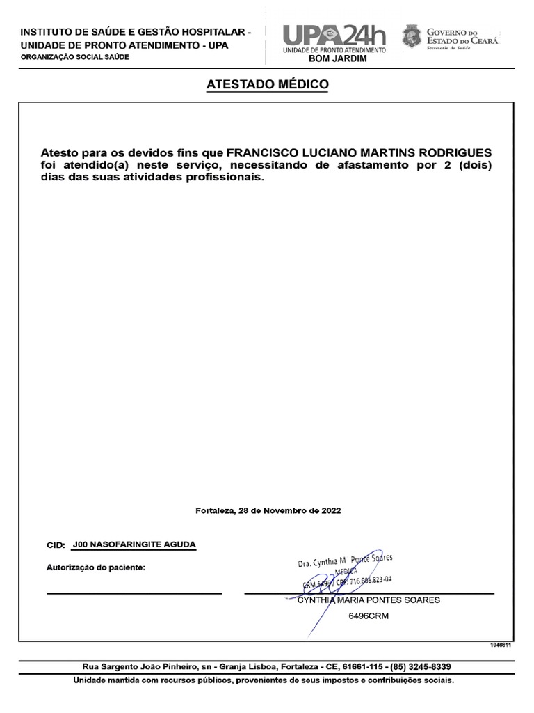 Atestado Medico Upa BJ | PDF Atestado Medico Upa BJ | PDF