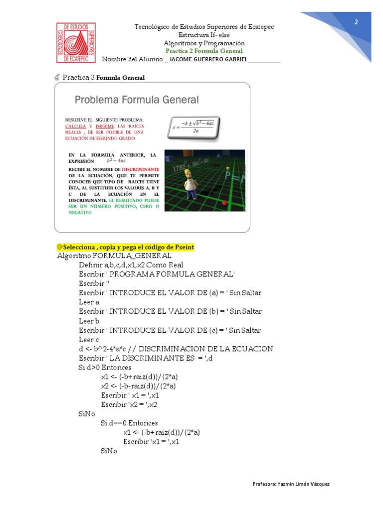 Algoritmo de la Fórmula General en Pseint | PDF | Algoritmos ...