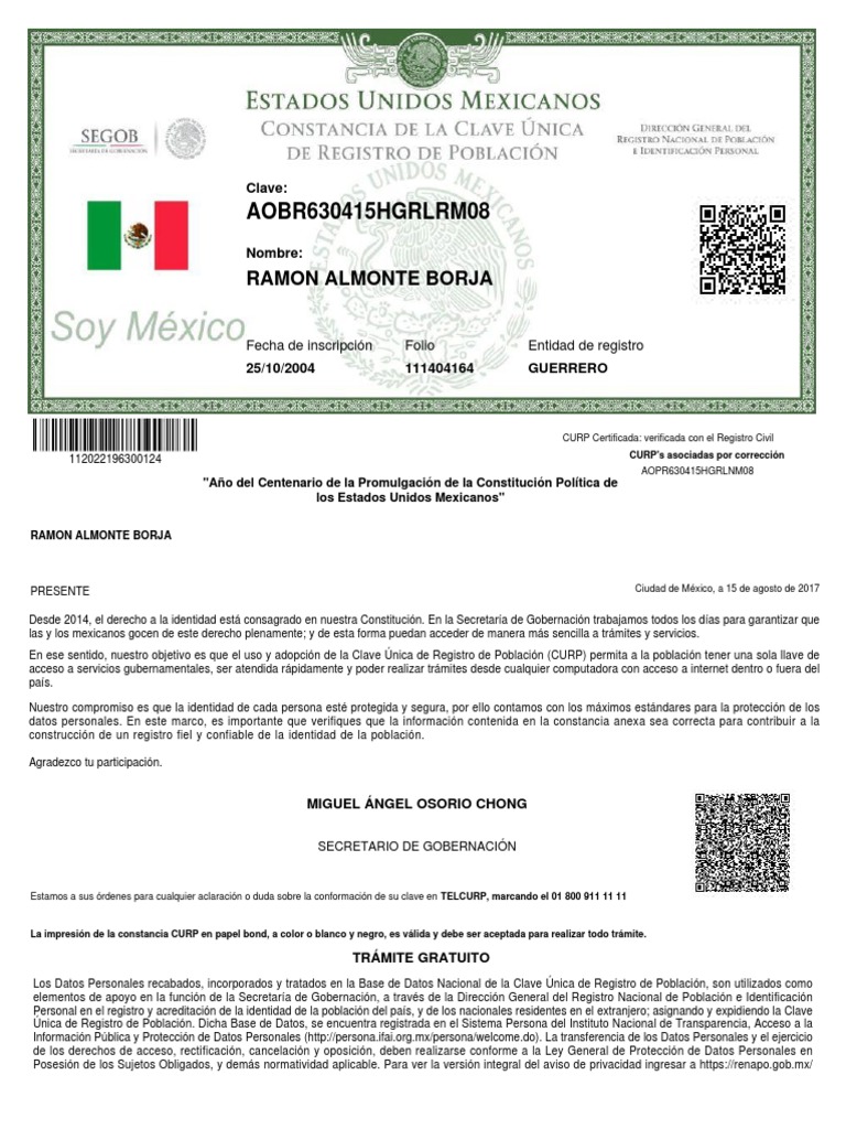 Curp Ramon Almonte Borja | PDF | Privacidad de la información | Gobierno
