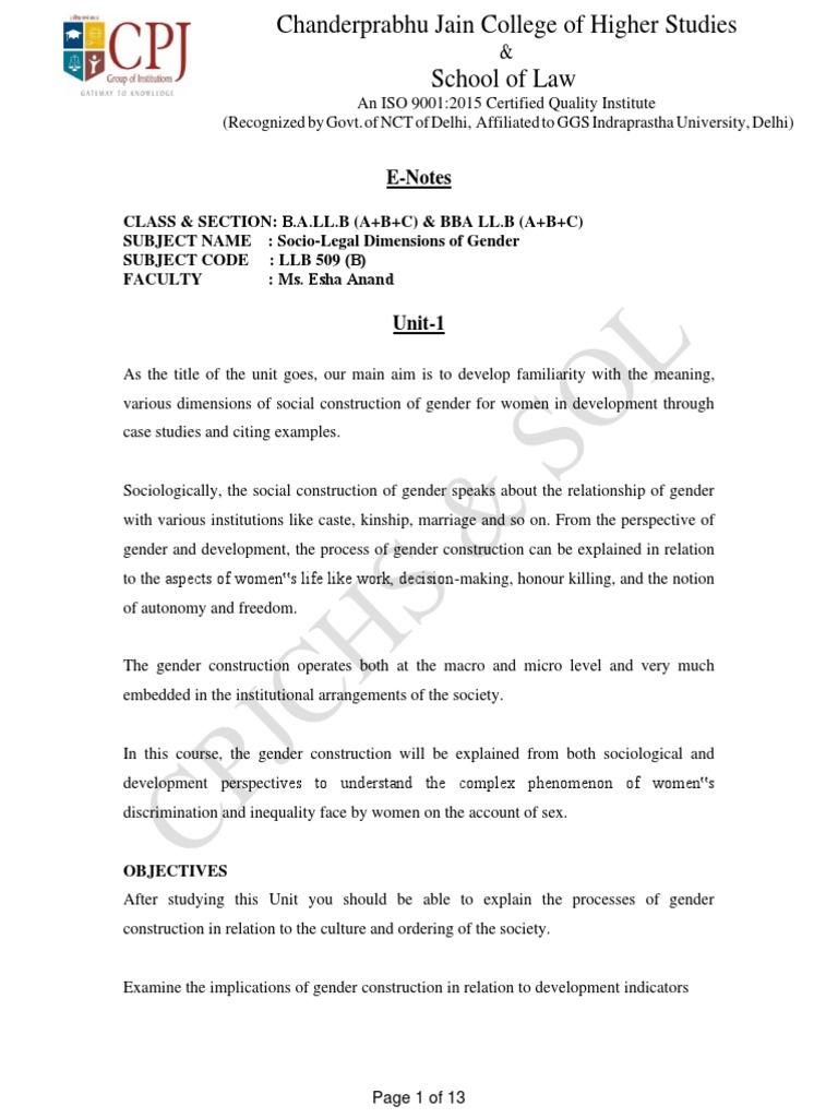E-Notes - SocioLegal Dimensions of Gender - Unit-1 | PDF