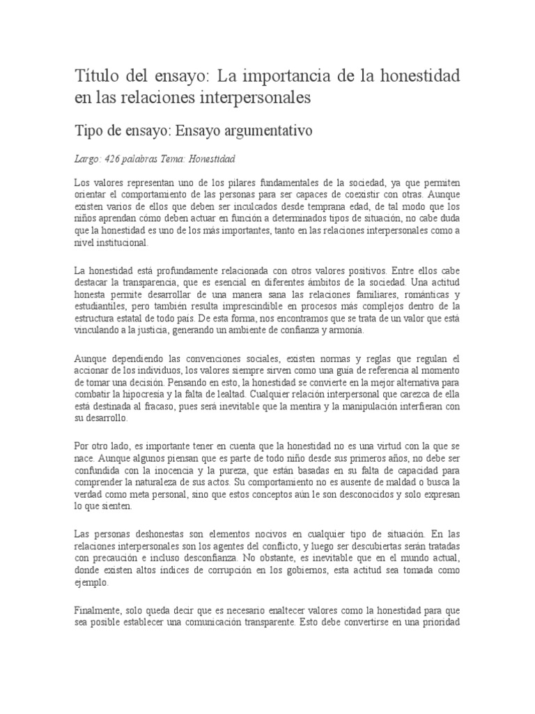 Ensayo HONESTIDAD | PDF | Sociedad | Comportamiento