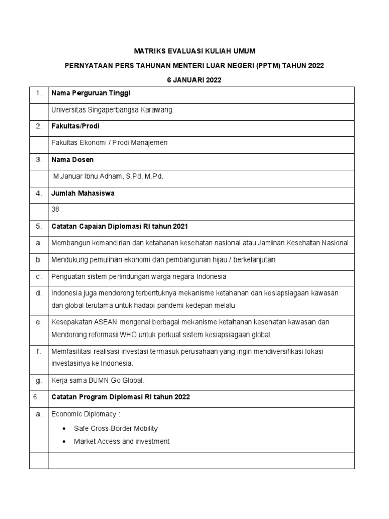 Matriks Evaluasi PPTM 2022 - Julianto - 2110631020204 | PDF