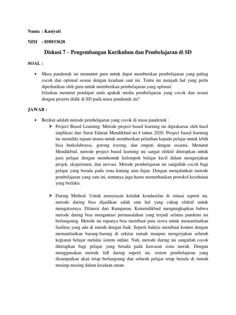Diskusi 7 - Pengembangan Kurikulum Dan Pembelajaran Di SD | PDF