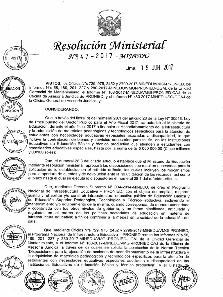 RM #347-2017-MINEDU Infreatructura y Materiales Con NEE | PDF