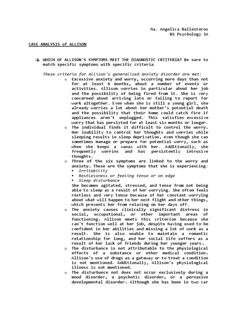 Case Analysis of Alisson | PDF | Anxiety Disorder | Generalized Anxiety Disorder