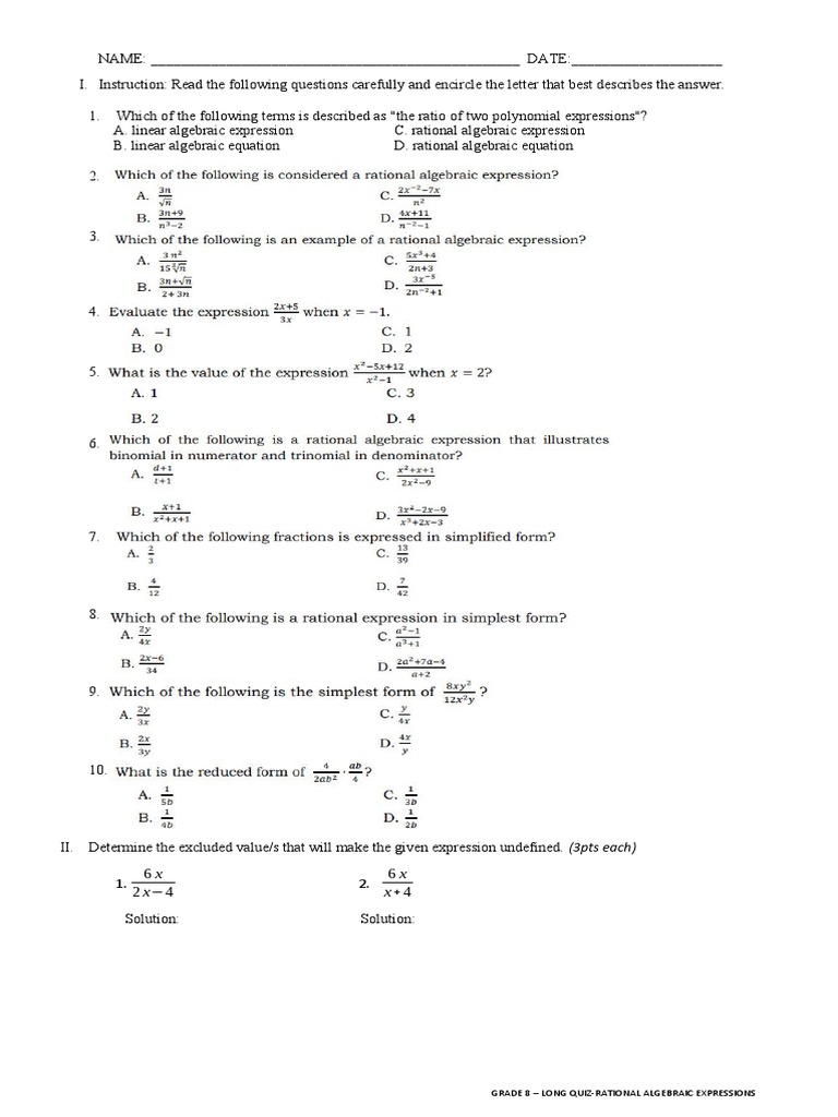 Long Quiz On Rational Algebraic Expressions | PDF | Equations | Mathematical Analysis