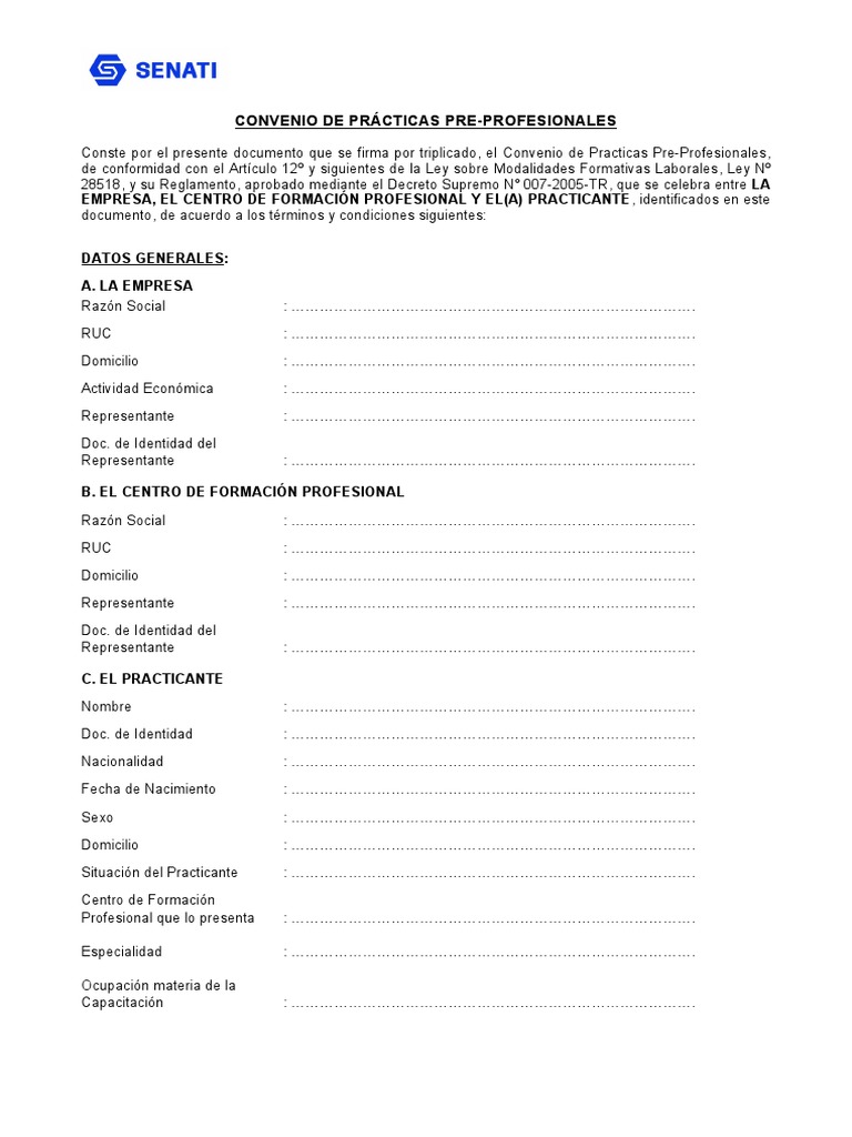 RRHH-P-01 Formato Convenio de Prácticas Pre-Profesionales | PDF ...