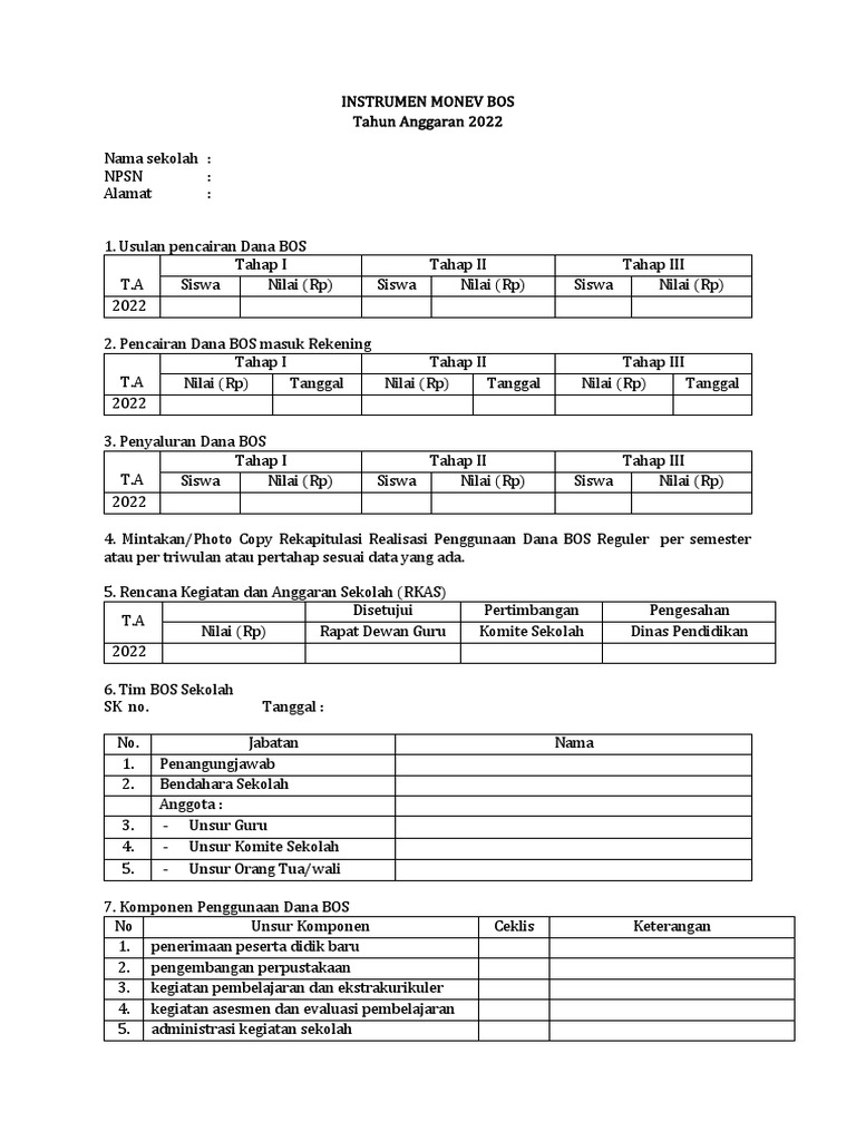 Draft Instrumen Monev Bos 2022 | PDF