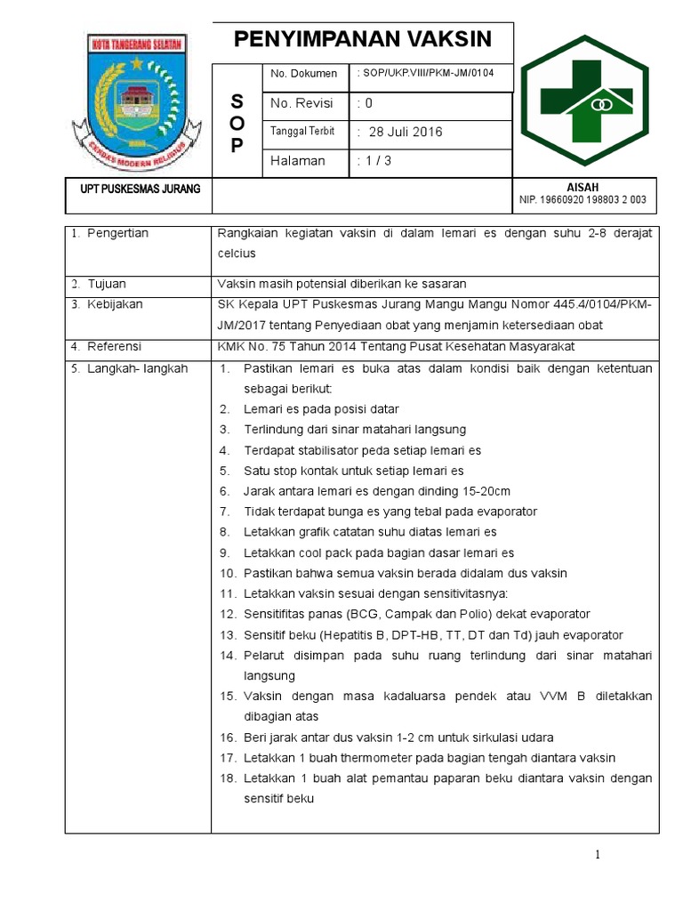8.2.1 Ep 1 Sop Penyimpanan Vaksin | PDF