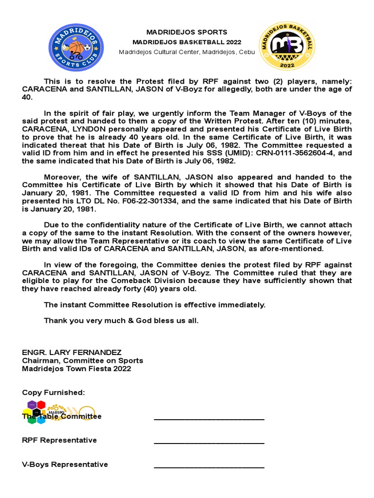 Resolution on the Protest Against Two Madridejos Basketball Players ...