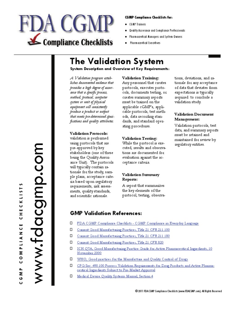FDA CGMP Checklists: Validation | Verification And Validation ...