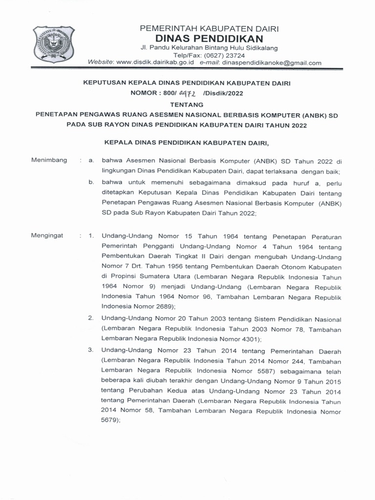 SK Pengawas Ruang ANBK SD 22 | PDF