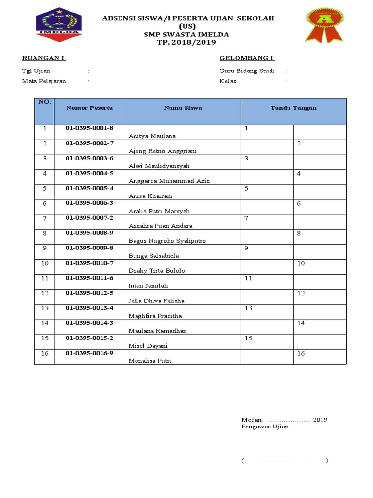 ABSENSI SISWA-US 2019 Gel 1 | PDF