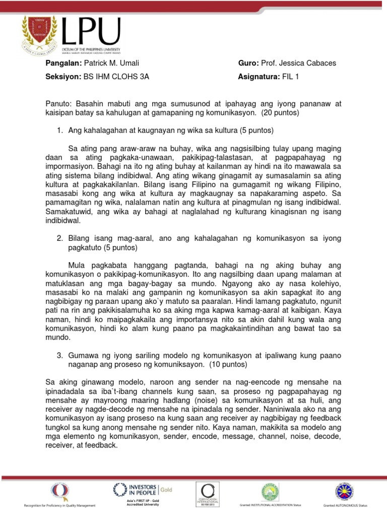 Umali Patrick - Fil 1 Act 1 | PDF