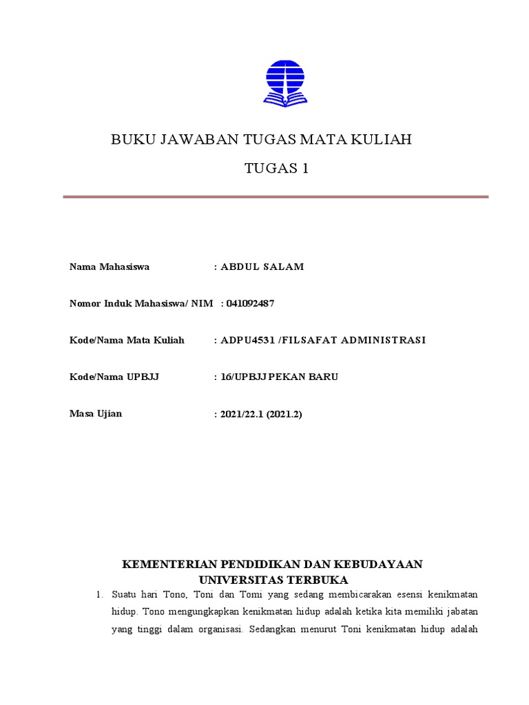 Buku Jawaban Tugas Mata Kuliah Tugas 1 | PDF