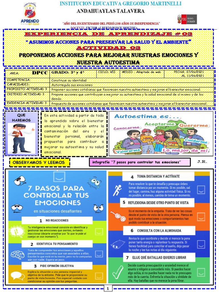 DPCC 3° y 4° Experiencia 3 Sesion 3 | PDF | Las emociones | Autoestima