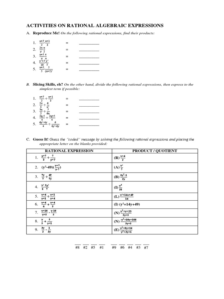 Activity 2 - Rational Algebraic Expressions | PDF