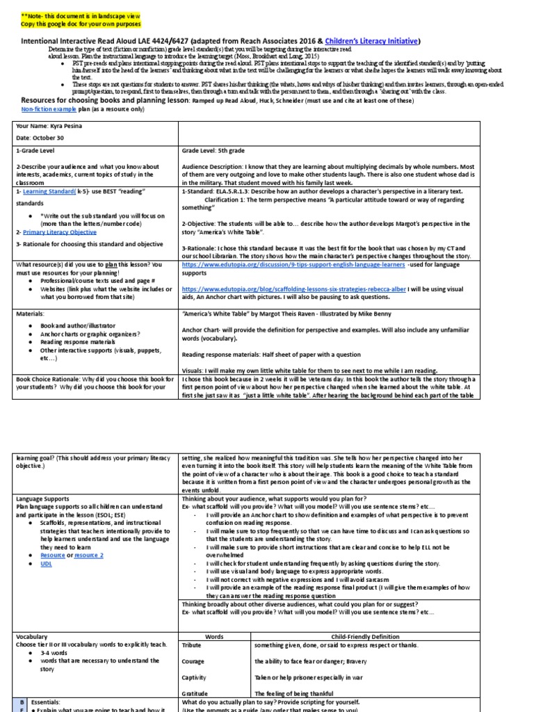 Lae 4424 Read Aloud Lesson Plantemplate - Update 2022 1 | PDF | Thought ...