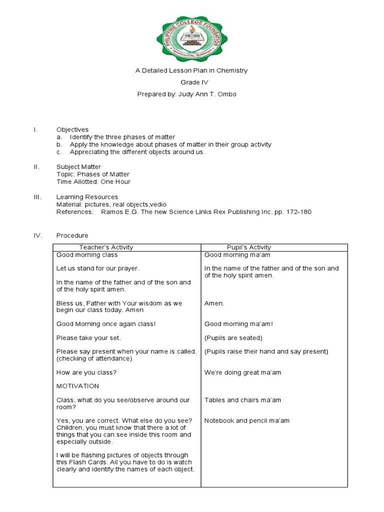 A Detailed Lesson Plan in Chemistry PDF | PDF | Matter | Liquids