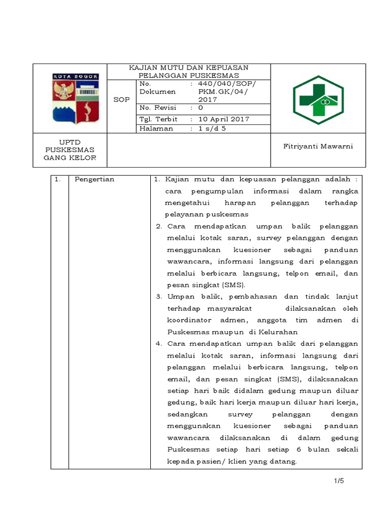 SOP KAJIAN MUTU DAN KEPUASAN PELANGGAN PUSKESMAS - Print | PDF