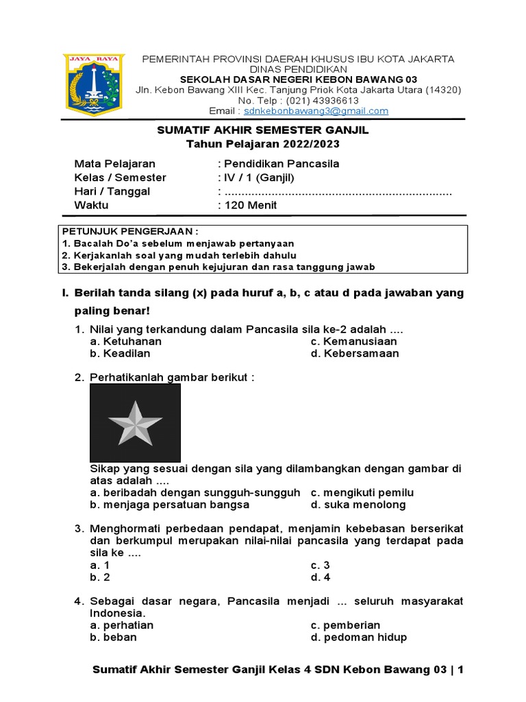 Soal SAS Ganjil PKN Kelas 4 (2022-2023) | PDF