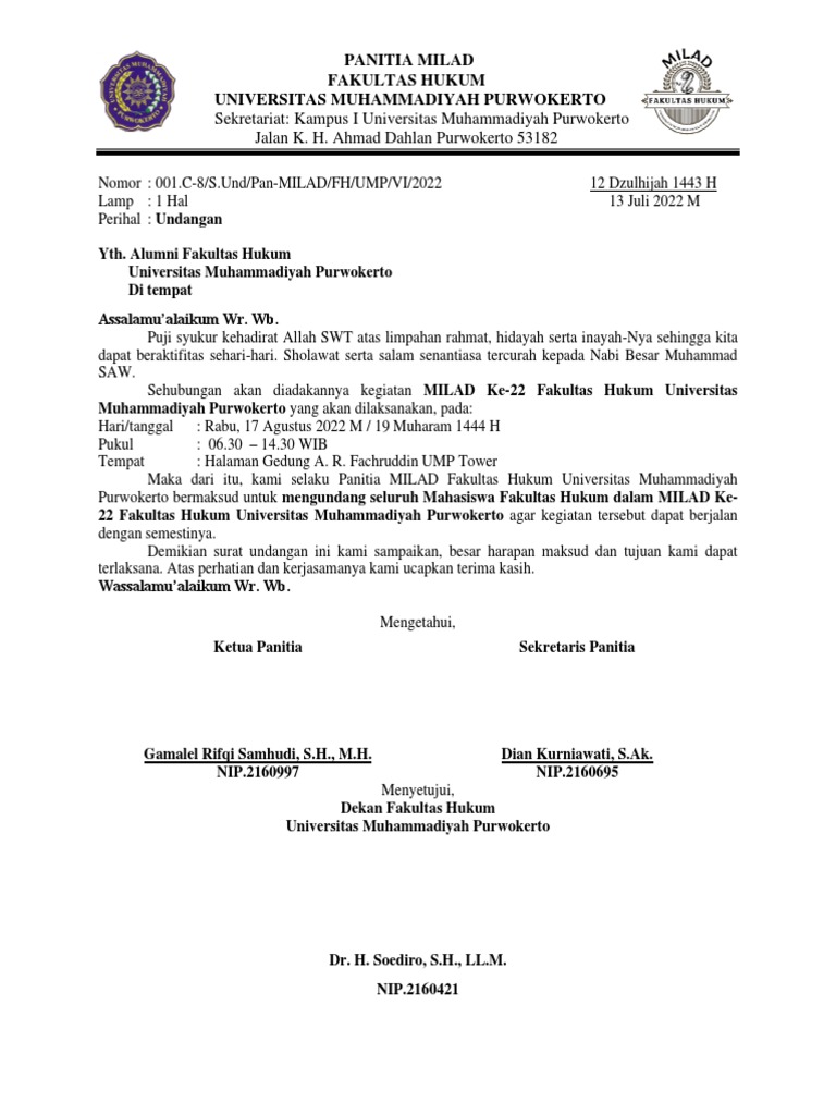 Surat Und Untuk Mahasiswa Milad FH 22 | PDF