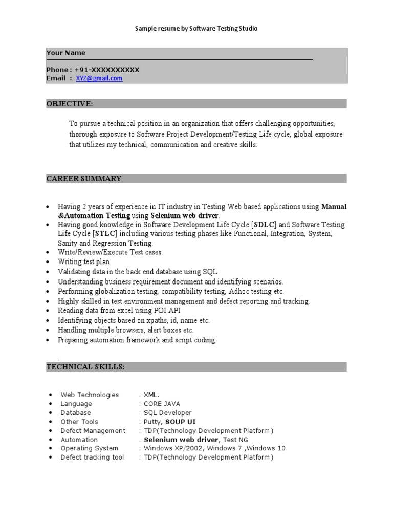 Sample Resume for Software Testing Engineer | PDF | Software Testing ...