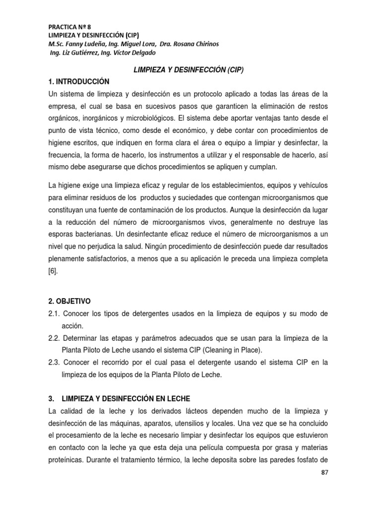 Práctica N°8 - Limpieza y Desinfección | PDF | Detergente | Agua
