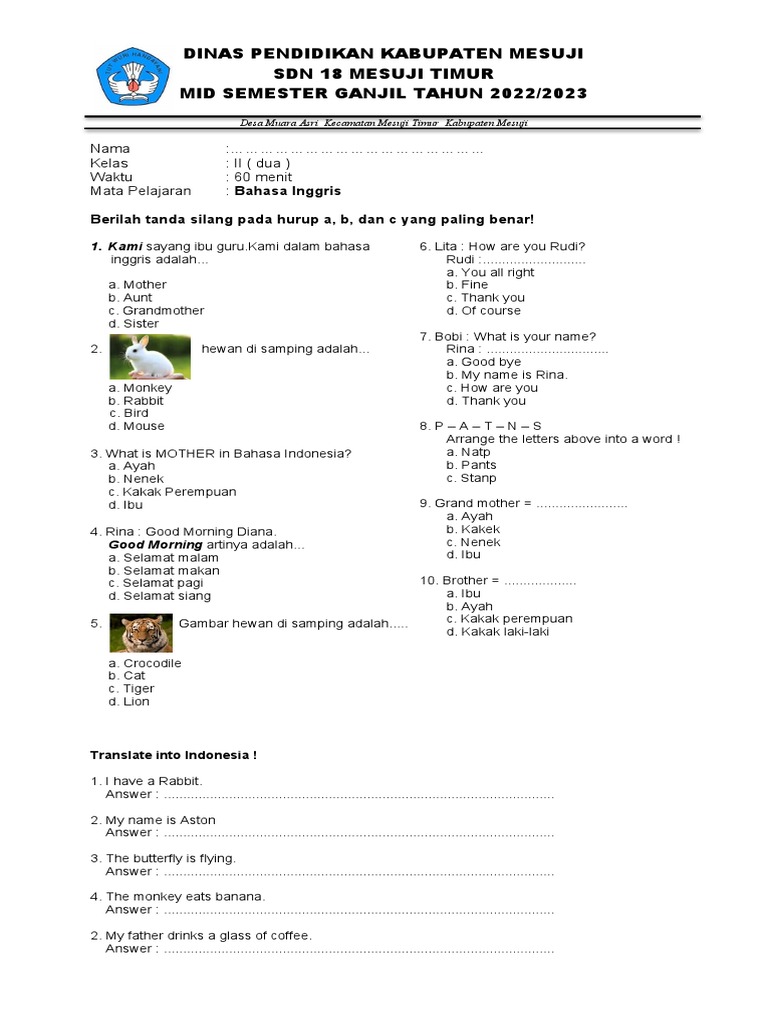 Mid B.inggris Kelas 2 | PDF
