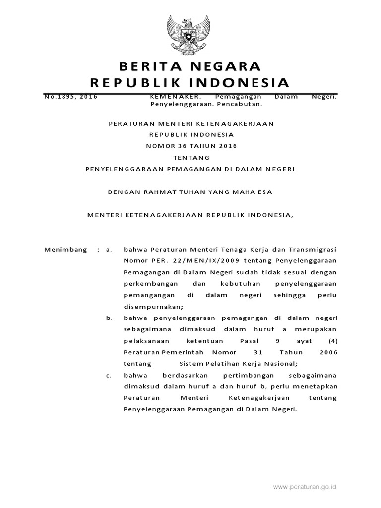 Permenaker No. 36 Tahun 2016 Pemagangan (PDF - Io) | PDF