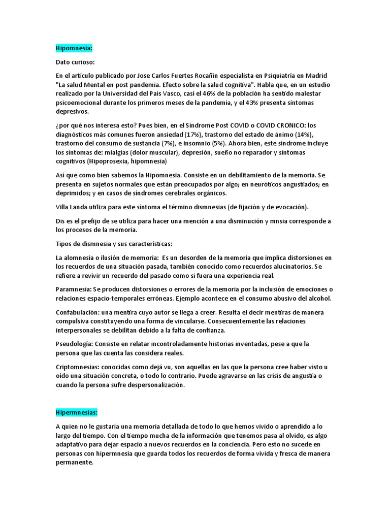 Hipomnesia, Hipermnesias y Amnesia Psicogenica | PDF