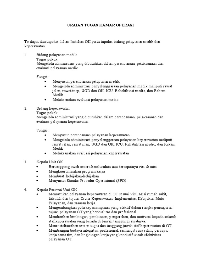 Uraian Tugas Kamar Operasi | PDF