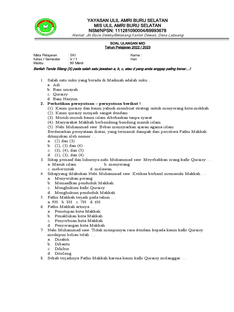 Soal Uts SKI Kelas 5 | PDF