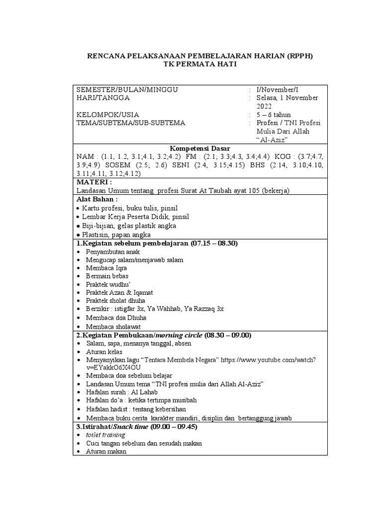 RPPH Tema Profesi TNI untuk TK | PDF