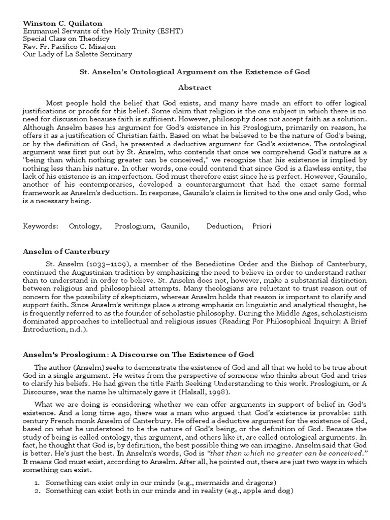 Anselm's Ontological Argument Explained | PDF | Existence Of God | God