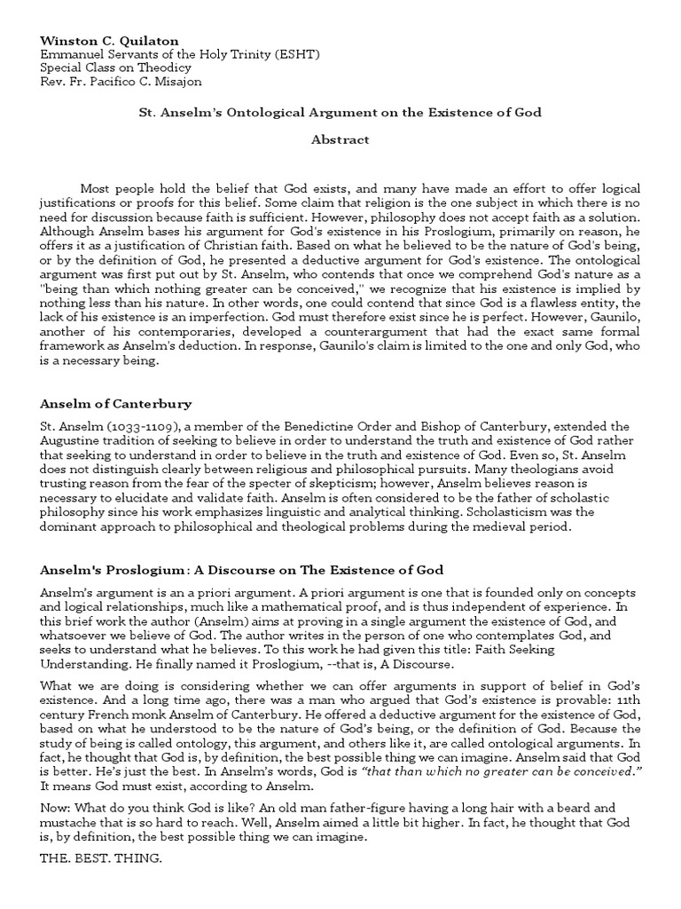 Anselm's Ontological Argument Explained | PDF | Existence Of God | God