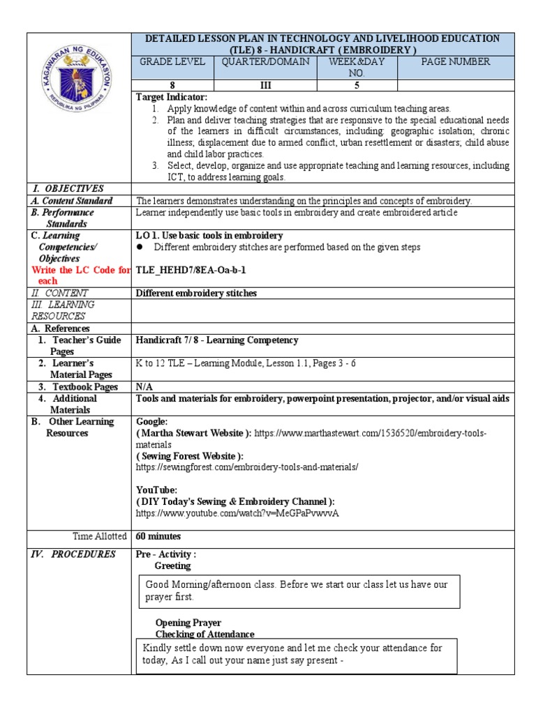 Lesson Plan - Embroidery 2 | PDF