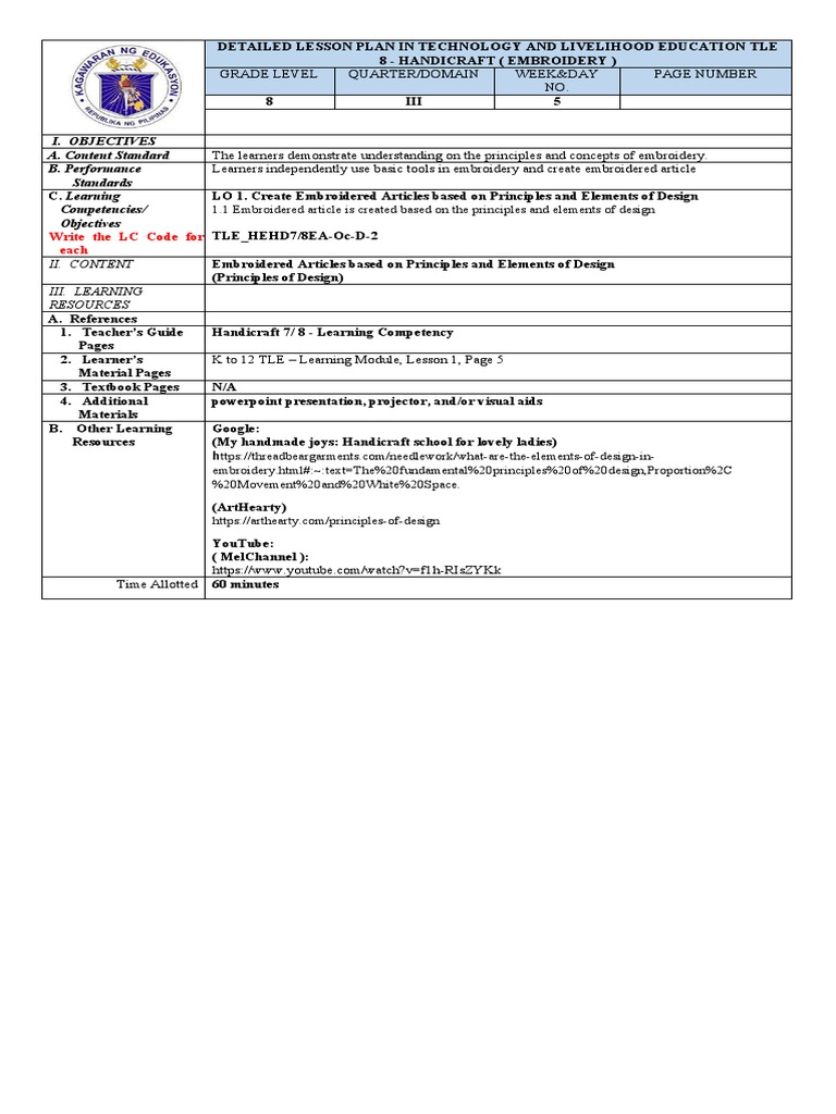 Lesson Plan - Principles of Design | PDF | Learning | Embroidery