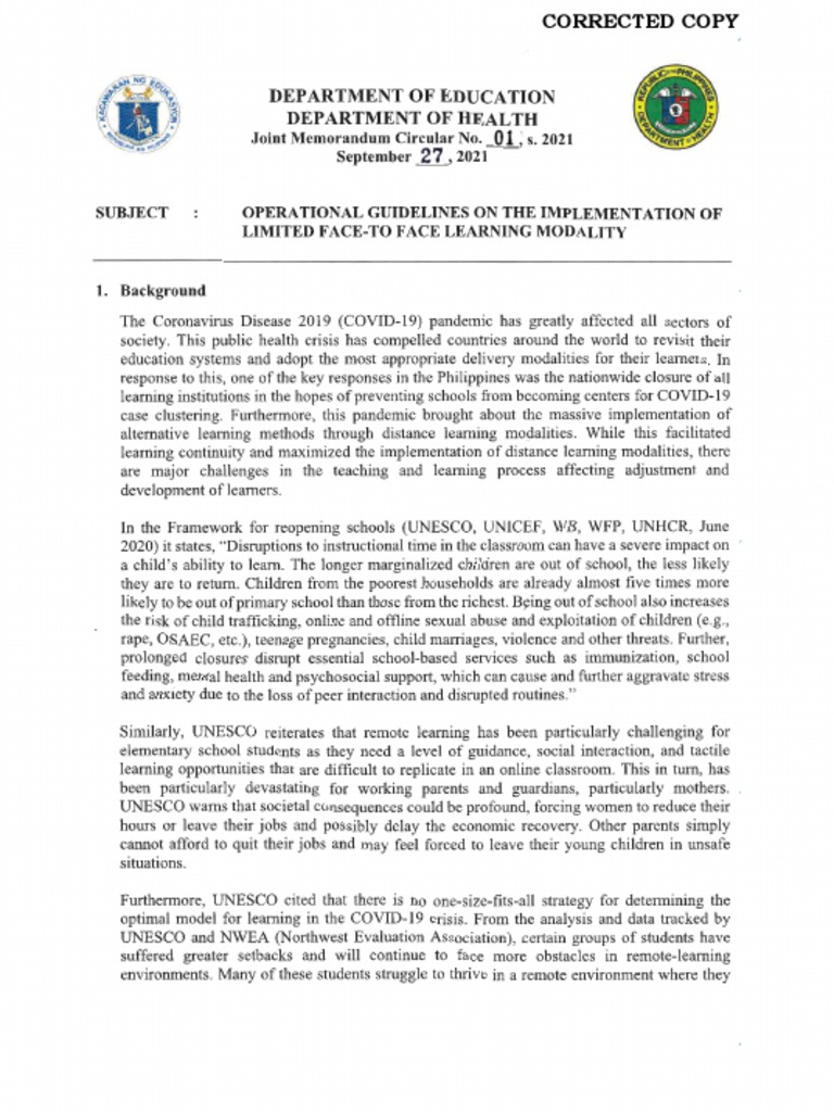 DEPED - DOH Joint Memorandum Cir. No.01 S. 2021 Operational Guidelines ...