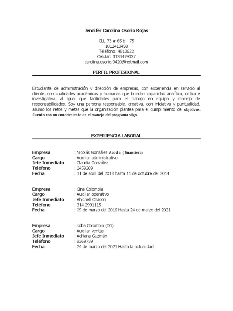 Hoja de Vida Jennifer Osorio | PDF