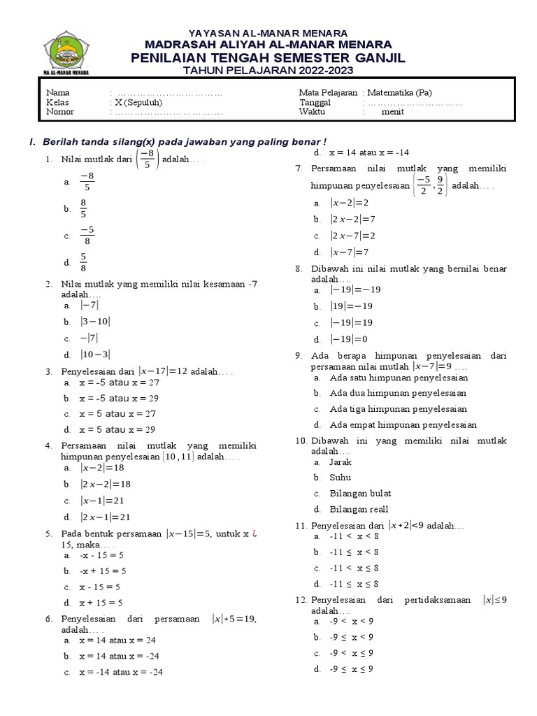 Soal Pts Mat Kelas 10 Ganjil 2022 | PDF | Metode & Bahan Ajar