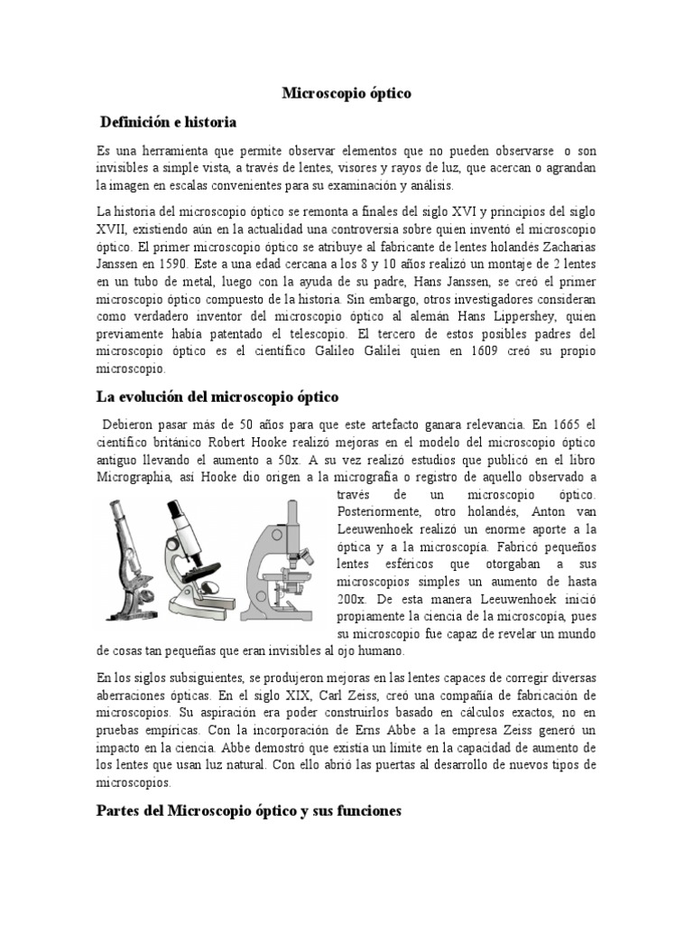 Historia y partes del microscopio óptico | PDF | Óptica | Lente de la ...