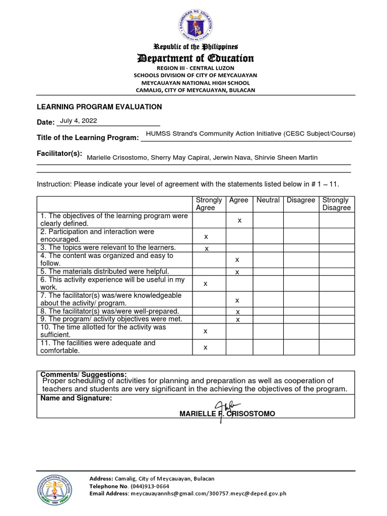 Edu Program Eval Philippines HSS Community Action | PDF | Learning | Facilitator