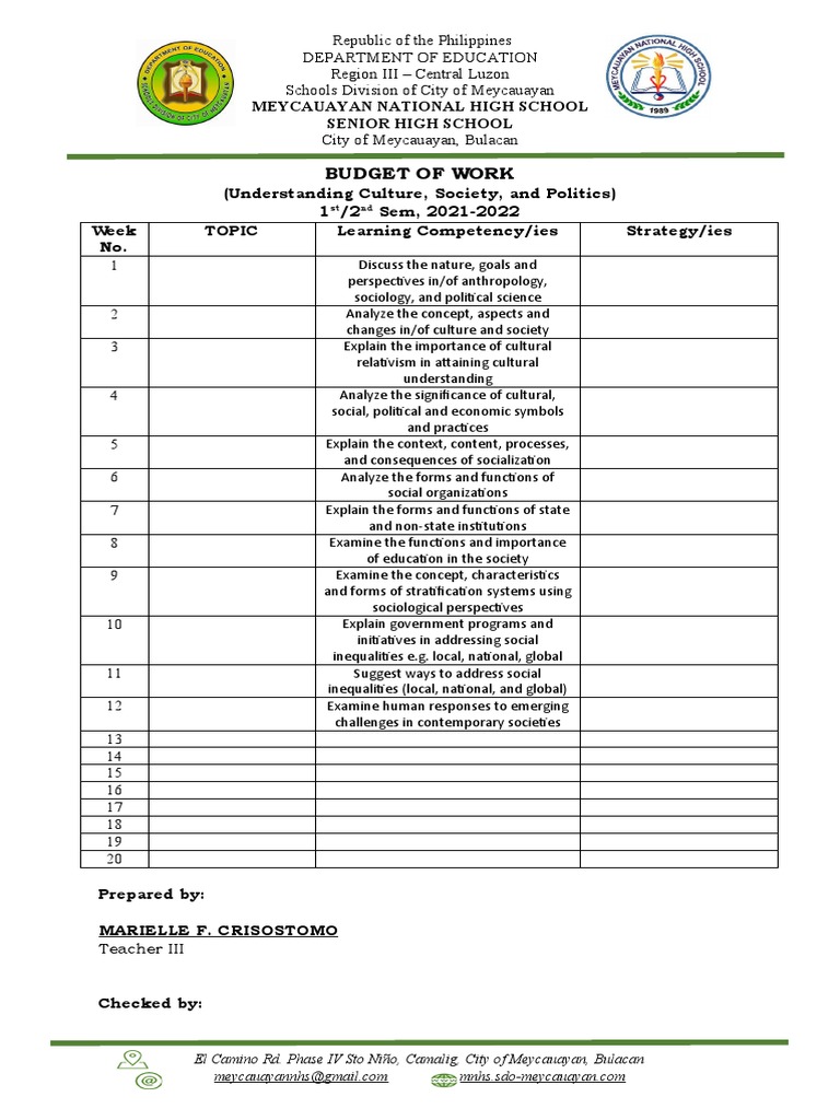 Senior High School Budget of Work: Culture & Society | PDF