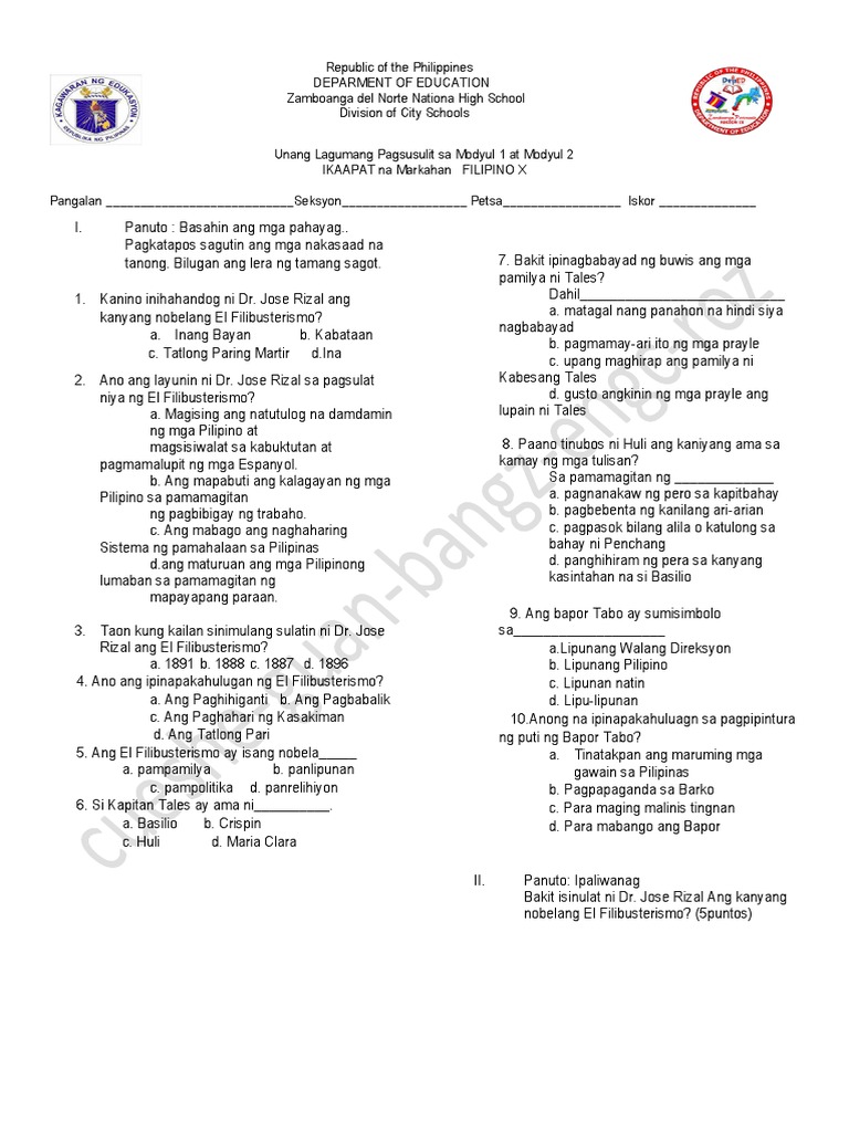 Fil10 q4 Unang Lagumang Pagsusulit 1 | PDF