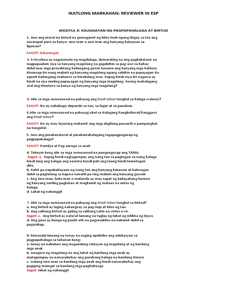 REVIEWER in EsP 3rd Quarter | PDF