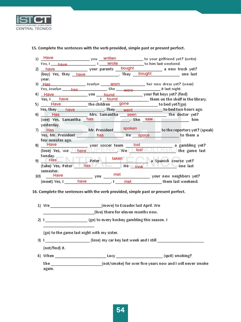 Complete The Sentences With The Verb Provided, Simple Past or Present ...