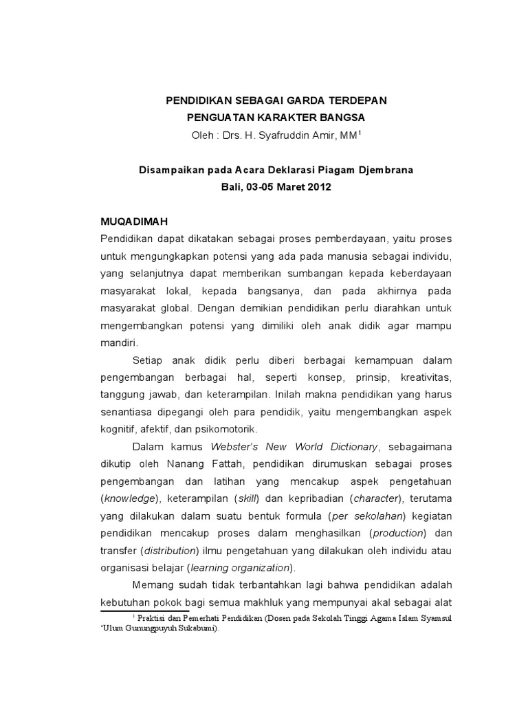 Pendidikan Sebagai Garda Terdepan Penguatan Karakter Bangsa - Makalah | PDF