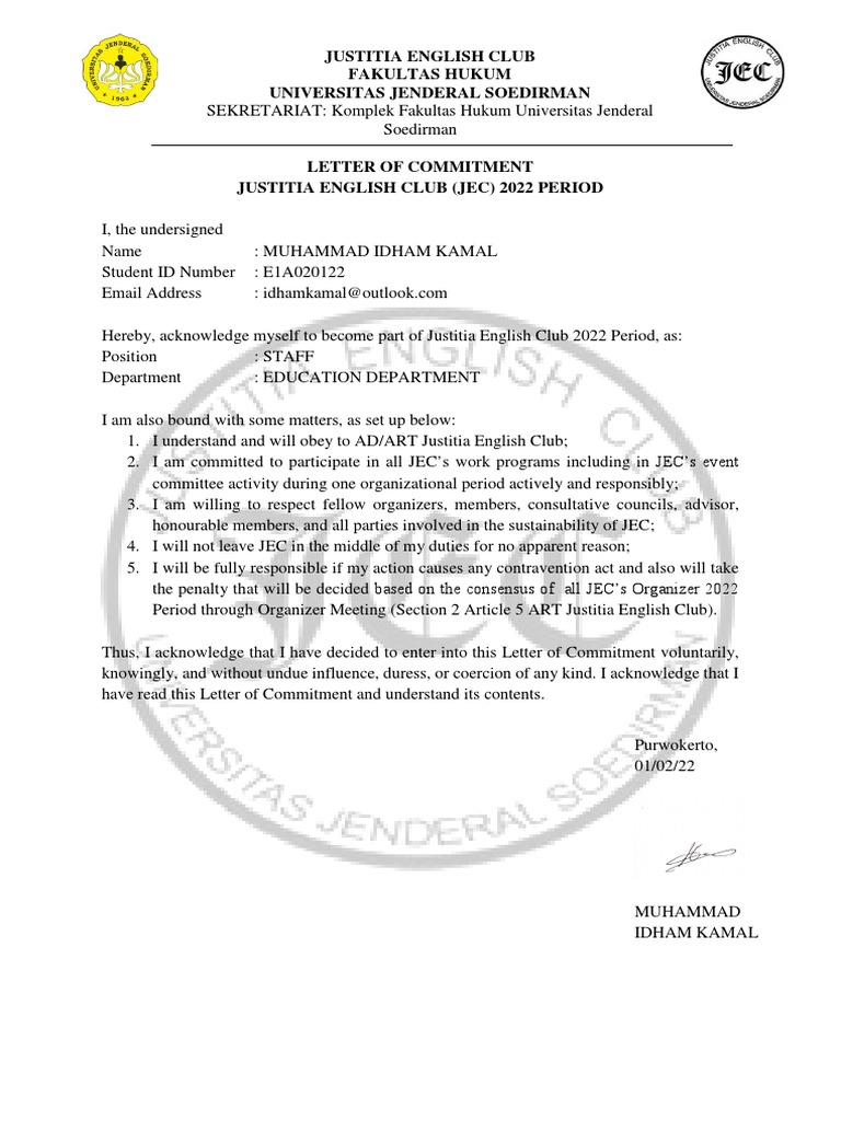 Muhammad Idham Kamal - Letter of Commitment Organizer JEC 2022 Period | PDF Muhammad Idham Kamal - Letter of Commitment Organizer JEC 2022 Period | PDF